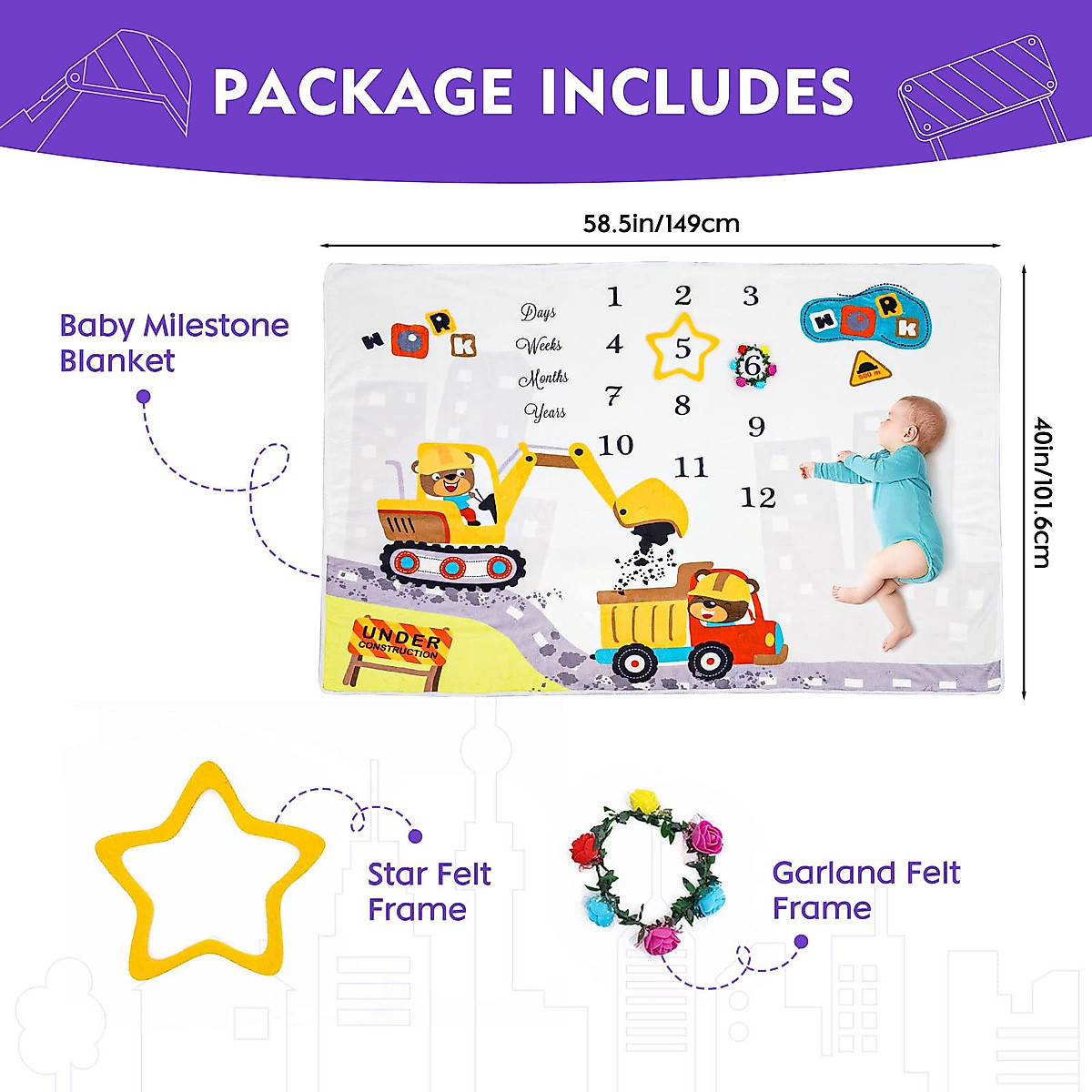 Baby Monthly Milestone Blanket 58.5''x 40'' Baby Blanket with Month Marker Frame Newborn First Year Growth Mat Great Photo Background Gift for Baby