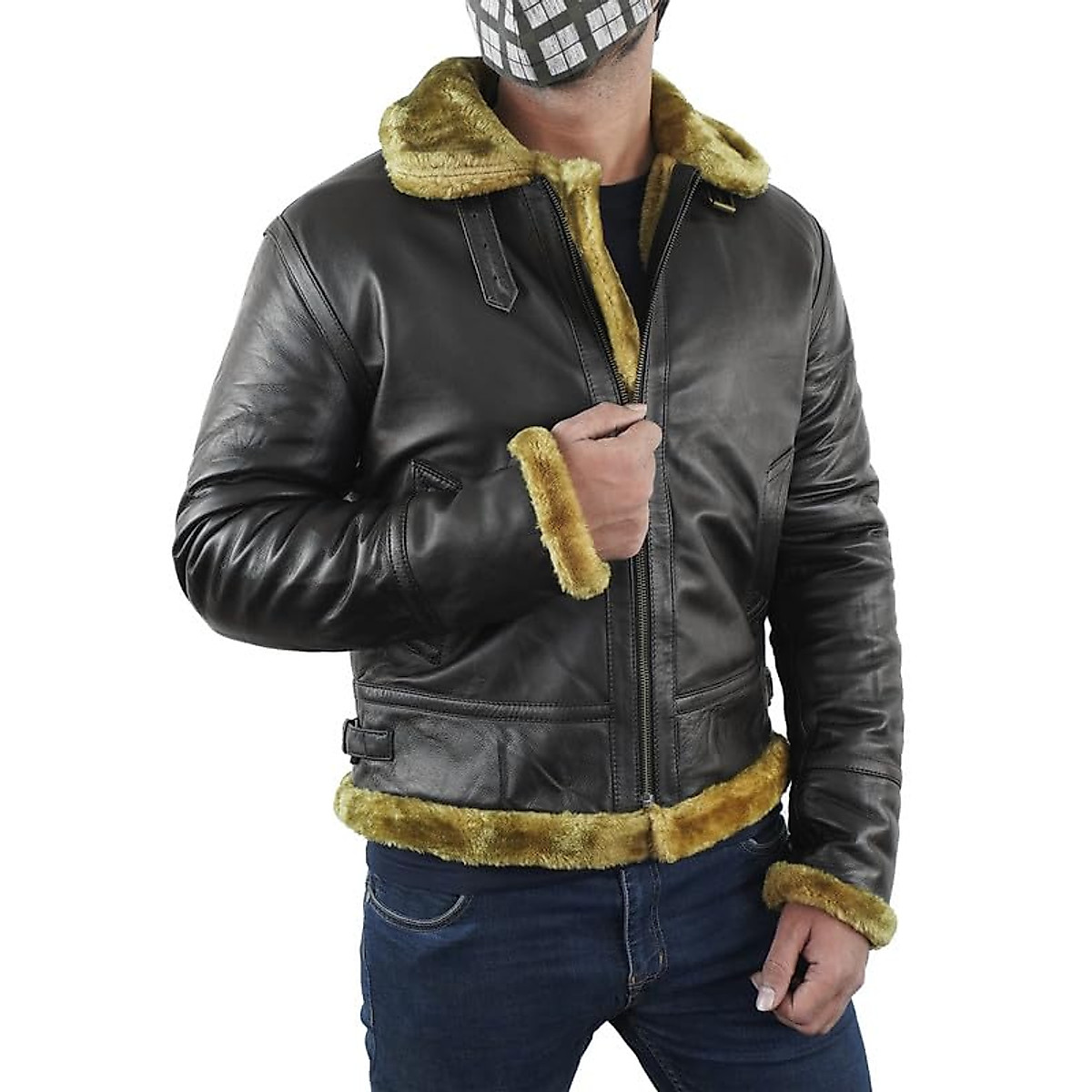 SpazeUp b3 men real shearling sheepskin flying ww2 aviator raf bomber jacket