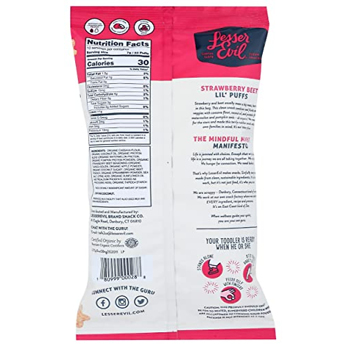 LesserEvil Organic Strawberry Beet Lil' Puffs, 2.5 OZ