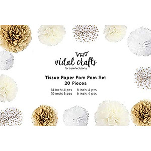 Vidal Crafts 20 Pcs Tissue Paper Pom Poms Kit (14", 10", 8", 6" Tissue Paper Flowers) for Wedding, Birthday, Engagement Party Décor, Gender Neutral Baby Shower, Boy or Girl Nursery Decoration