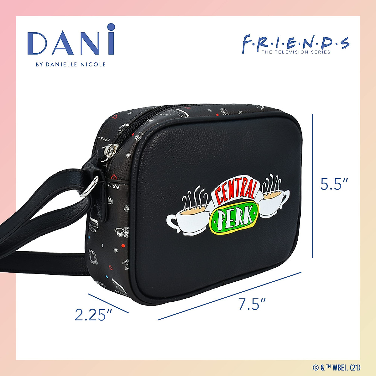 Danielle Nicole DANI Friends Central Perk Logo Crossbody Bag, Purse for Women, Black