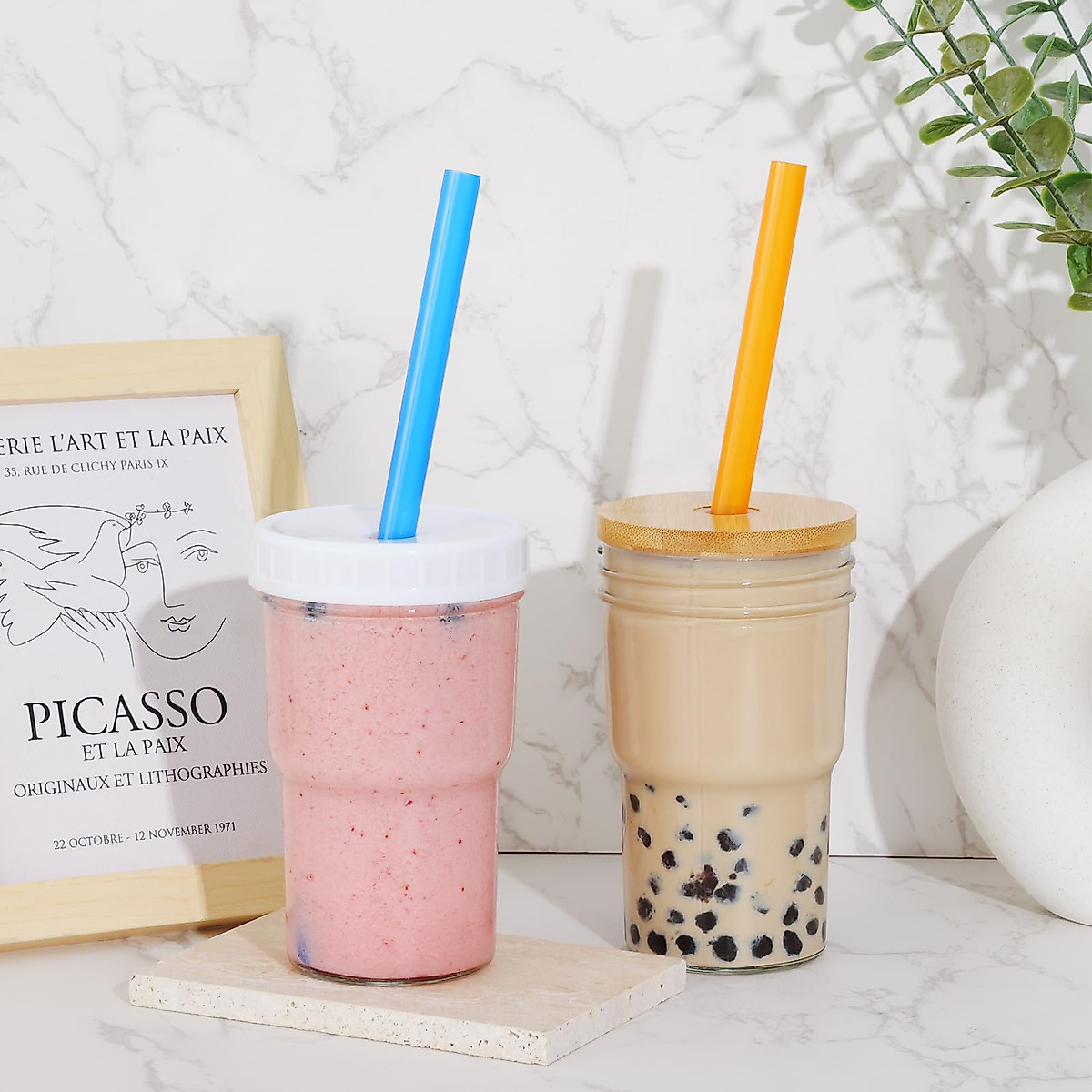 Moretoes 6pcs 16oz Glass Cups with Lids and Straws, Glass Iced Coffee Cups Cute Travel Tumbler Cups, Drinking Jars Set Reusable Boba Bottle for Jumbo Smoothie, Cold Brew, Soda, Juice