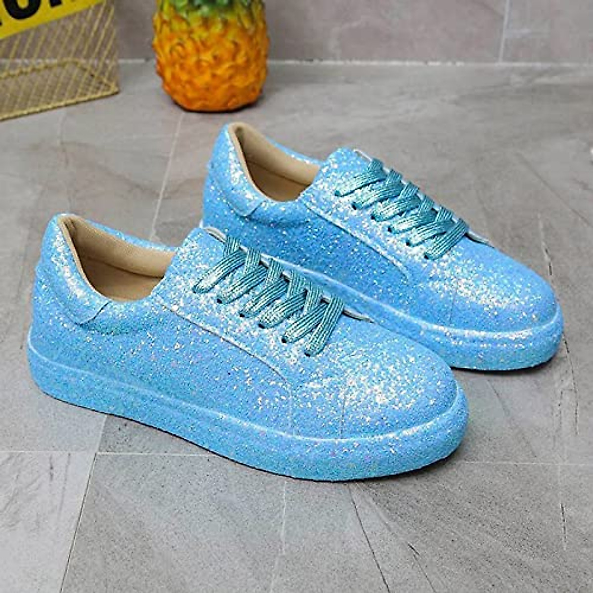 Hbeylia Sequin Sneakers for Women Rhinestones Sparkly Chunky Bottom Lace Up Walking Running Tennis Shoes Breathable Anti Slip Low Top Fall Walking Driving Play Sneakers Athletic Sport Shoes Blue