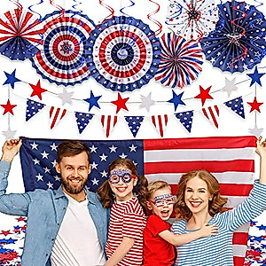 33PCS 4th/Fourth of July Patriotic Decorations Set, Red White Blue Paper Fans and American Flag Glasses, USA Flag Pennant, Star Streamer, Confetti,Hanging Swirls,Photo Booth Props Party Decor Supplies