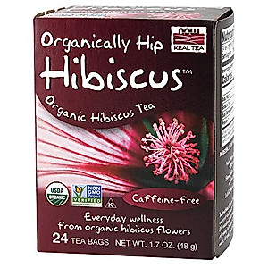 NOW Foods, Organically Hip Hibiscus™ Tea, Caffeine-Free, Non-GMO, No Added Colors, Preservatives or Sugars, Premium Unbleached Tea Bags with our No-Staples Design, 24-Count