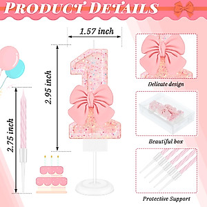 MTLEE Number Birthday Candle Girls Pink Bow Glitter Happy Birthday Number Candle with 10 Long Thin Cupcake Candle Bowknot Cake Topper Decorations for Wedding Anniversary Princess Theme Party(1st)