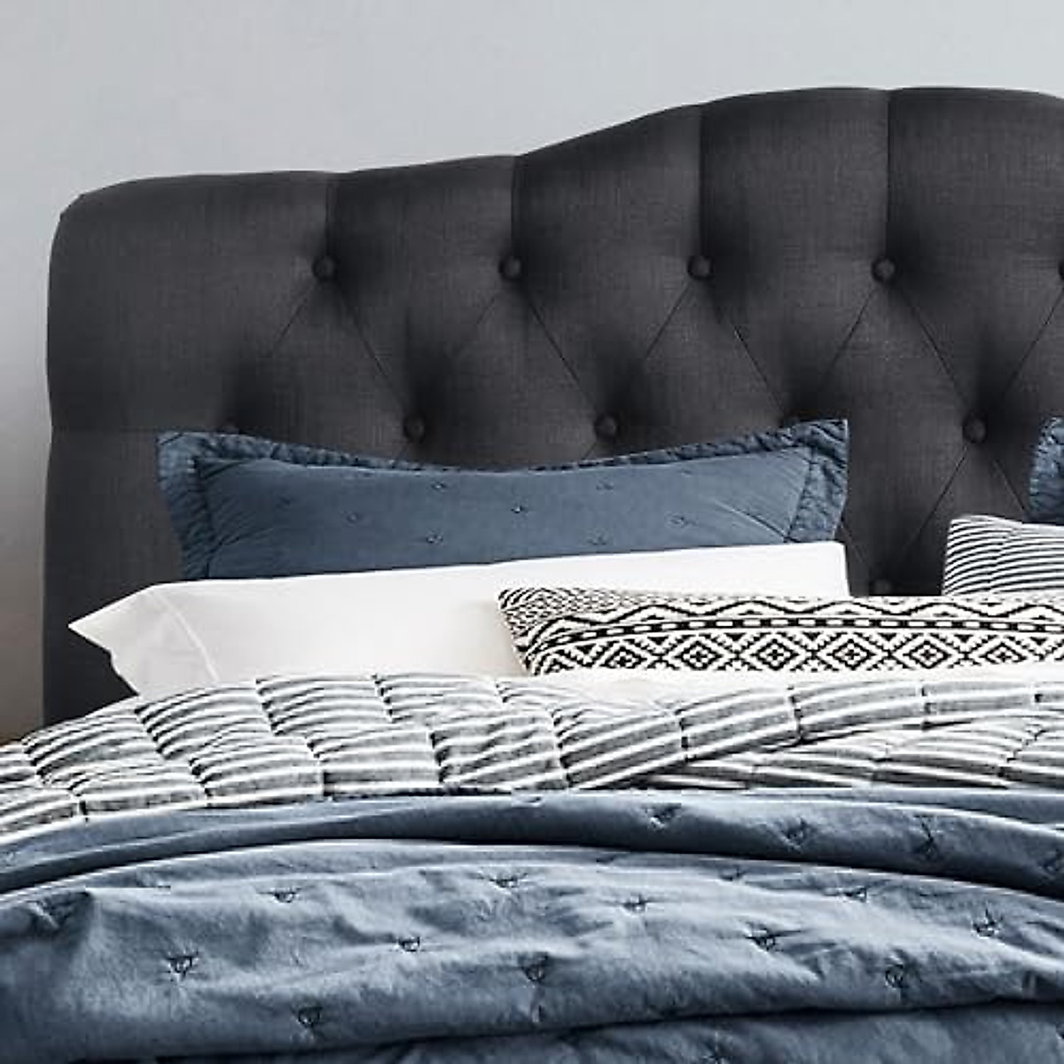 Rosevera Harriman Adjustable Heigh Headboard with Linen Upholstery and Button Tufting, King, Carbon