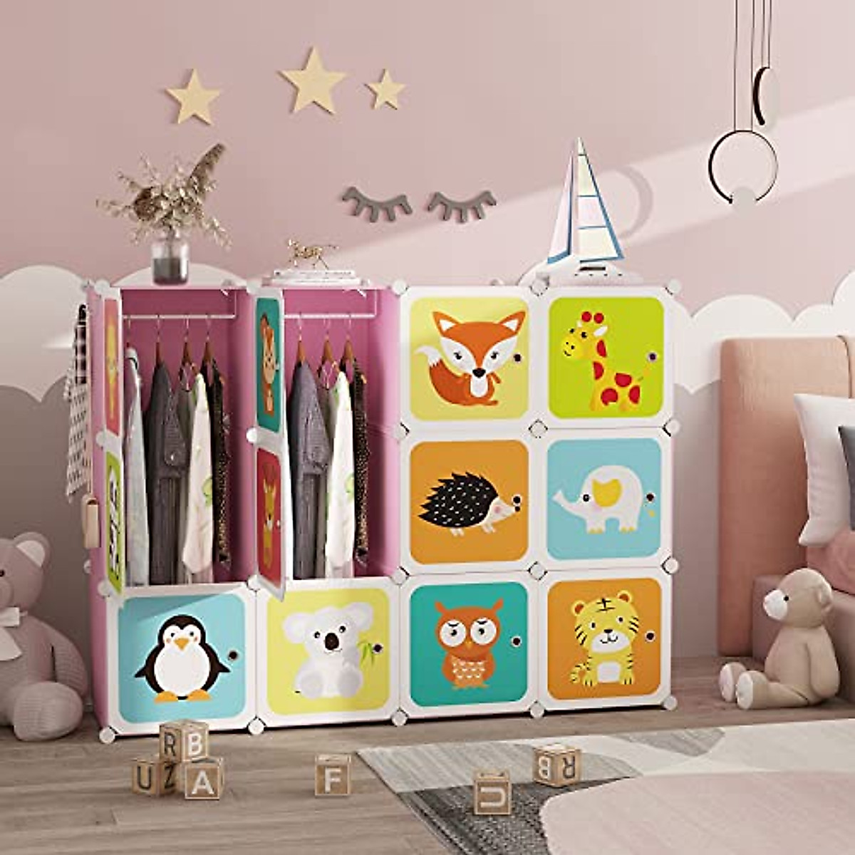 C&AHOME Kids Toy Cartoon Cube Storage Organizer with Doors, 12-Cube Shelves, Closet Cabinet, DIY Plastic Modular Bookshelf Ideal for Bedroom, Living Room, 42”L x 14”W x 56”H Pink UPCS3512P-DOOR