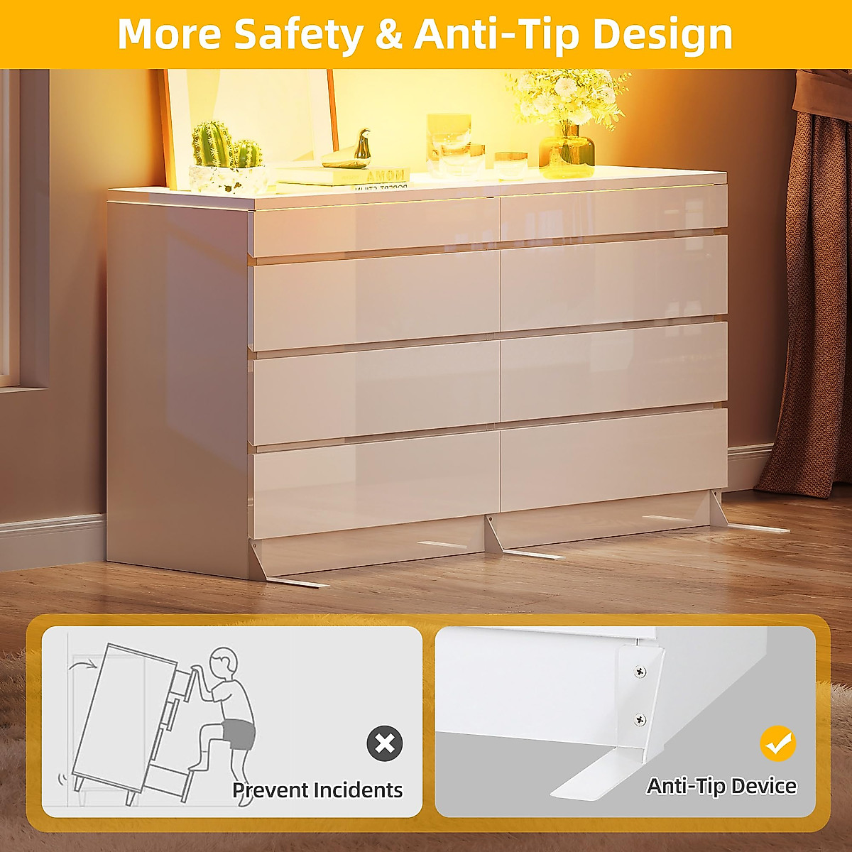 DWVO 8 Drawer Dresser with LED, White Dresser, Modern 8 Chest of Drawers with Deep Drawers Glass Top High Gloss Surface, Storage Organizer Cabinet for Living Room