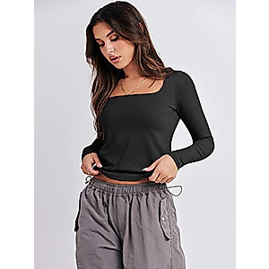 ANRABESS Crop Top for Women Long Sleeve Corset Workout Tees Basic T-Shirt Square Neck Fitted Sexy Going Out Shirt Tops Y2K Clothes 1040heise-M Black
