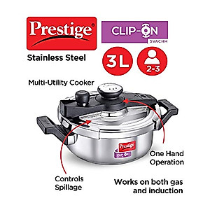 PRESTIGE Clip-on Svachh 3 Litre Stainless Steel Pressure Cooker, silver, standard