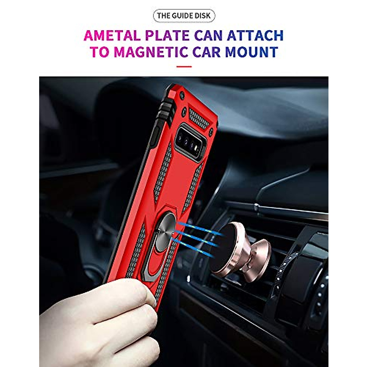 Samsung Galaxy S10 Plus Case with HD Screen Protectors, Androgate Military-Grade Metal Ring Holder Kickstand 15ft Drop Tested Shockproof Cover Case for Samsung Galaxy S10+ (2019) Red