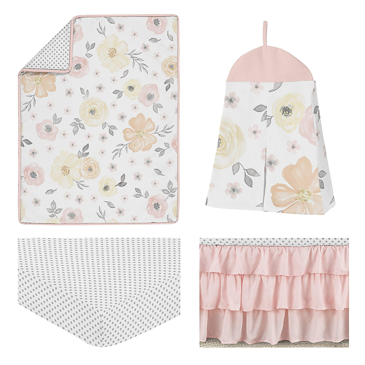 Sweet Jojo Designs Yellow and Pink Watercolor Floral Baby Girl Nursery Crib Bedding Set - 4 pieces - Blush Peach Orange Cream Grey and White Shabby Chic Rose Flower Farmhouse Polka Dot