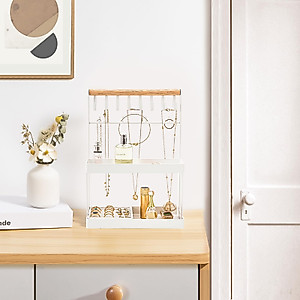 Lolalet Jewelry Organizer Stand Holder Mother's Day Gift, 4-Tier Cute Necklace Holder Stand Rack with 12 Hooks Place Rings Necklaces for Teen Girl Room Decor -White