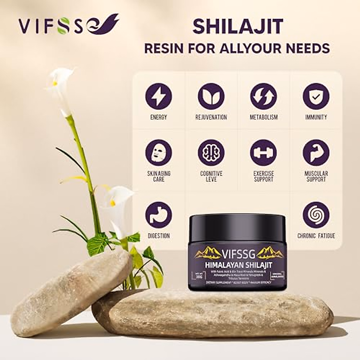 VIFSSG Shilajit Pure Himalayan Organic, 700 Mg Shilajit Supplement, Shilajit Resin Organic, Gold Grade Nature Shilajit with 4 in-1 Complex for Energy Support, 30 Grams, 1 Pack