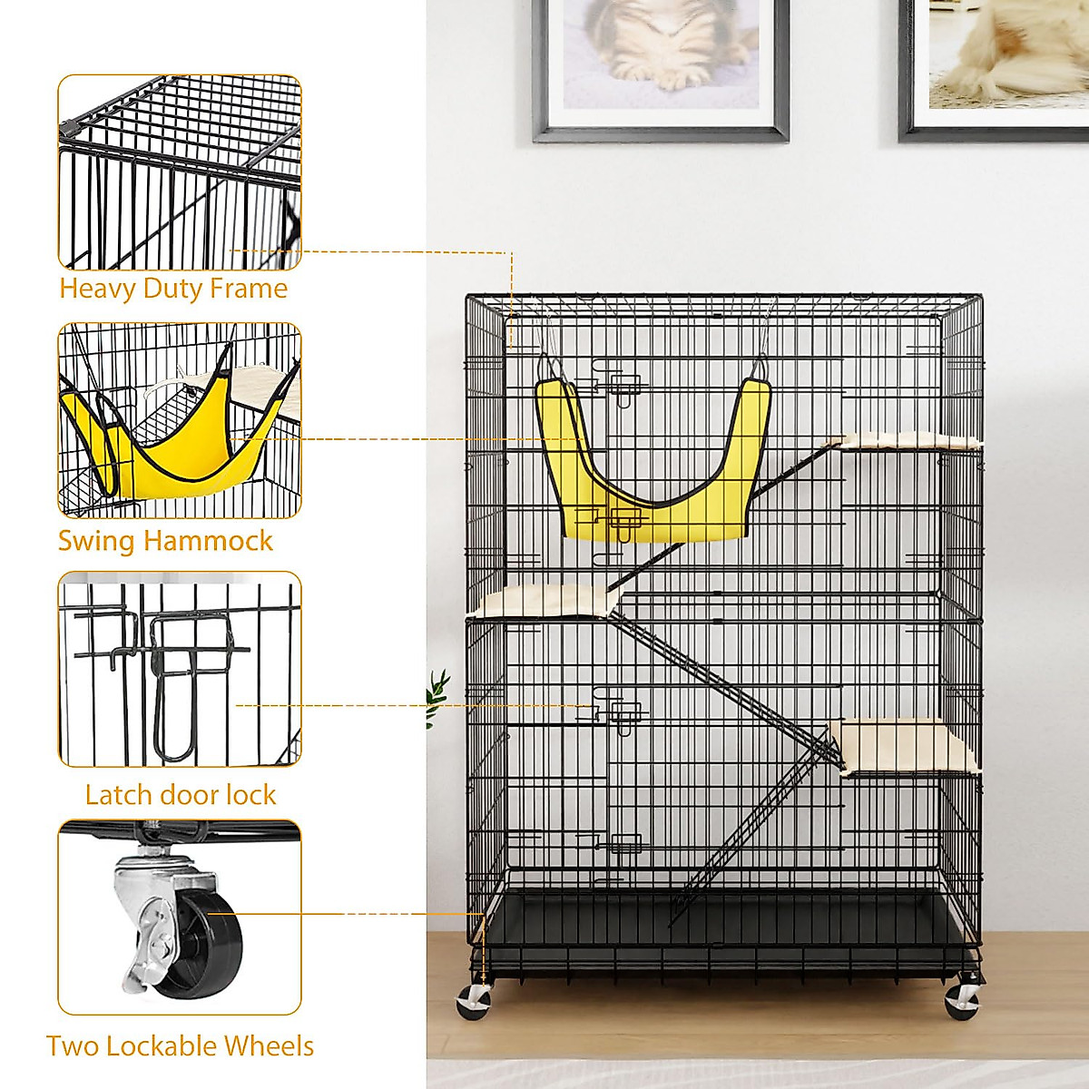 Collapsible Cat Cage, 4-Tier 48 Inches Metal Large Cat Kennel Ferret Enclosure Chinchilla Cage with 360° Rotating Casters/Ramp/Ladders/Hammock for Indoor/Outdoor Kitten