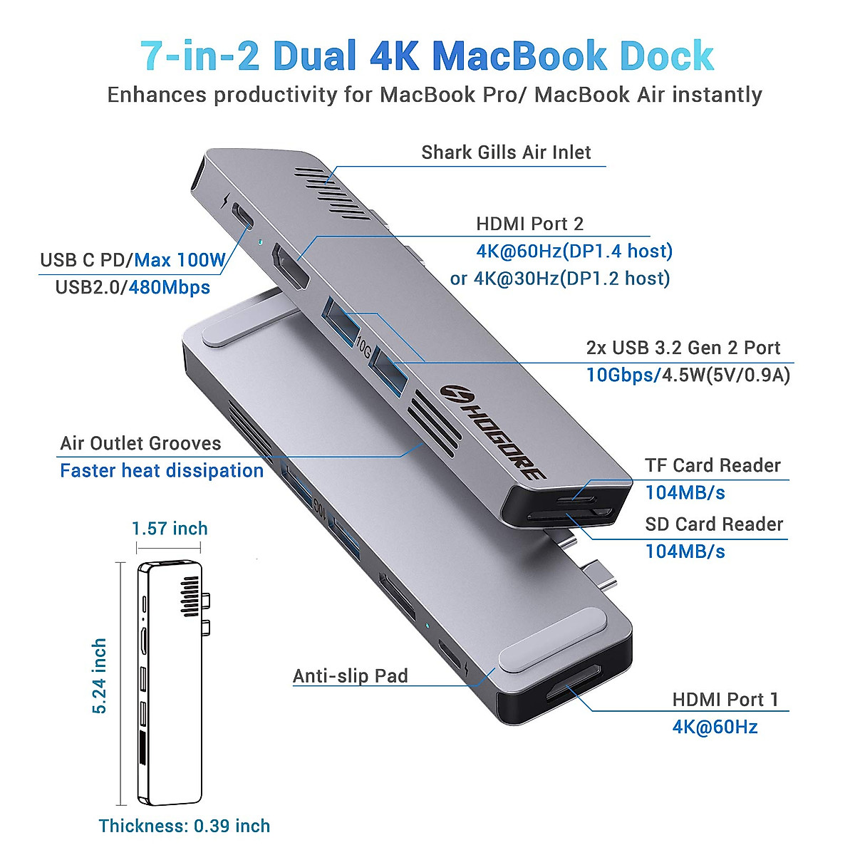 MacBook Pro Docking Station Dual Monitor, MacBook Pro Dock Dual Monitor Adapter, USB C to HDMI Adapter,10Gbps USB 3.1 Gen 2,100W PD,2020/19/18 13" 15" MacBook Pro/Air Accessories