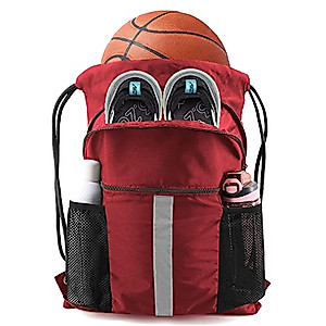 BeeGreen Red Drawstring Backpack Bag w Water Bottle Pockets Large String Workout Bag Sackpack w Zipper Pockets Shoe Compartment Swim Sports Cinch Bag for Gym Yoga