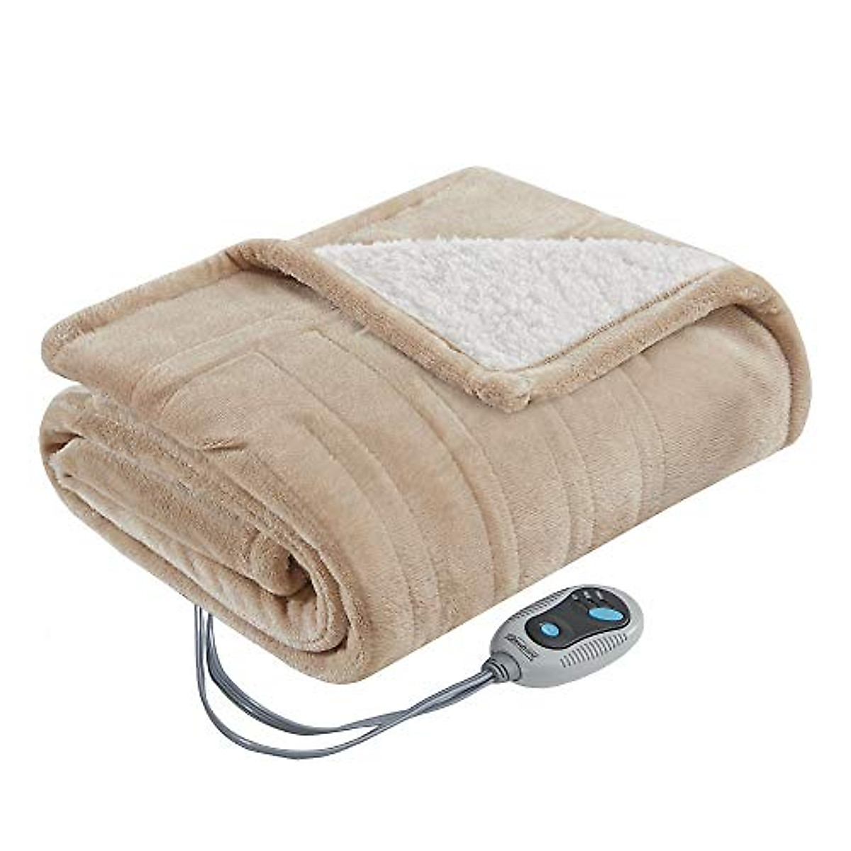 Beautyrest Reversible Sherpa to Fleece Electric Wrap Poncho Blanket Shawl Wearable, Auto Shut Off, Virtually Zero EMF, Multi Heat Setting, UL Certified, Machine Washable, Tan 50" x 64"