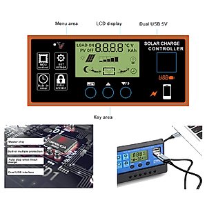 60A Solar Charge Controller,Solar Panel Charge Controller 12V 24V,Adjustable Parameter LCD Display Current / Capacity and Timer Setting ON/Off with 5V Dual USB,Auto Charge Regulator (Black)