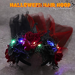 JEAIRTS Led Flower Crown Headband with Veil Day of the Dead Hair Bands Rose Mexican Floral Headpiece Gothic Costume Halloween Hair Accessories for Women and Girls