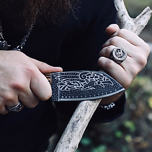 VikingsBrand Norse Viking-styled Knife - Huginn & Muninn Hand Forged Knife with Raven Engraving, Ergonomic Ash Wood Handle & Genuine Leather Sheath Holder - 4.7" Long Blade, 4.3" Handle