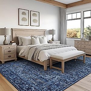 ReaLife Machine Washable Area Rug - Living Room Bedroom Bathroom Kitchen Entryway Office - Non Slip Low Pile Stain Resistant Premium - Boho Vintage Traditional - Lyle - Blue 4' x 6'