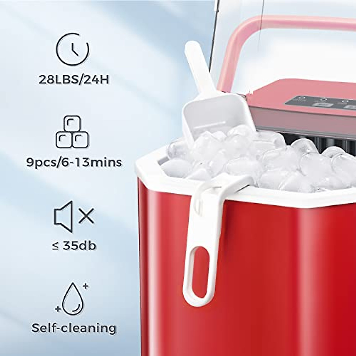 Antarctic Star Countertop Ice Maker, S/L Bullet Ice, 28lbs/Day, 9 Ice Cubes in 6 Mins, Portable Ice Machine with Ice Scoop and Handle, Self-Cleaning, One-Click Operation, for Kitchen Office Home Red