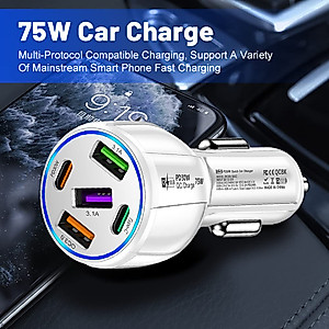 75W Ultra-Fast Car Charger, 30W/QC3.0/Type C 5-Port Smart Shunt 12 Volt Car Adapter Cigarette Lighter USB Charger Compatible with iPhone 14 Pro MAX/13,MacBook Pro,iPad Pro (3USB+2PD White)