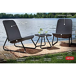 Keter Resin Wicker Patio Furniture Set with Side Table and Outdoor Chairs, Dark Grey