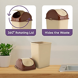 Superio 1.25 Gal Mini Plastic Trash Can with Swing Top Lid Small Waste Bin for Countertop, Desk, Vanity, Bathroom 5 Quart (Beige/Brown)