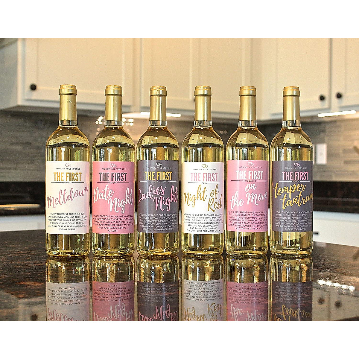 Mommy Milestone Wine Labels and Stickers, Great Baby Shower and Pregnancy Gift Ideas for Mom To Be, Funny Mom's First Moments After Having New Baby Girl or Boy – Set of 6 – By Harper & Ivy Designs