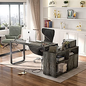 Homieasy L Shaped Desk with File Cabinet & Power Outlet, Reversible 55 Inch Large Corner Computer Desks with LED Strip, L-Shaped Computer Desk with Drawers and Storage Shelves for Home Office, Grey