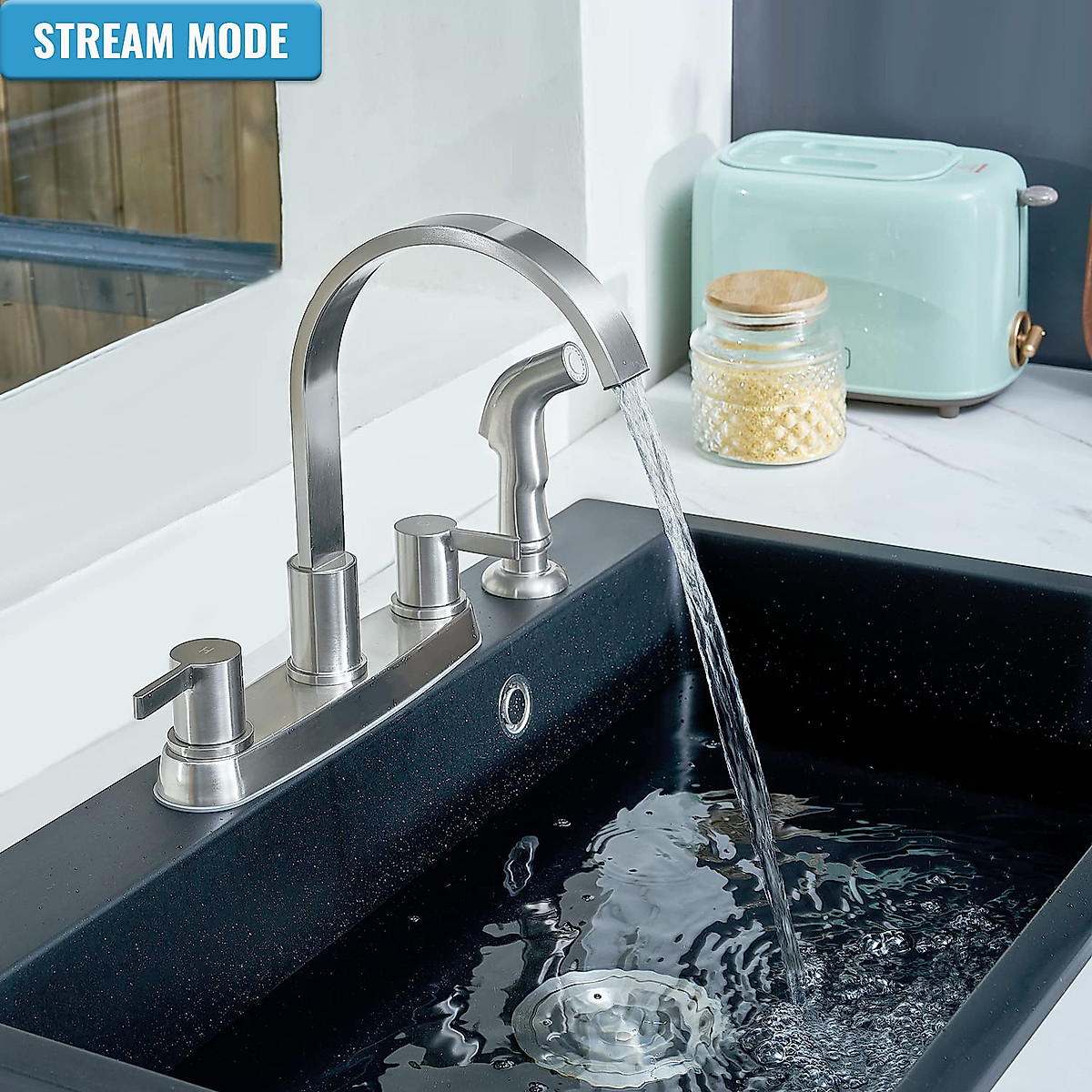 Kitchen Faucet with Sprayer, Brushed Nickel Stainless Steel Kitchen Sink Faucet with Side Sprayer, 3 Hole or 4 Hole Faucet for Kitchen RV Laundry Utility Sink