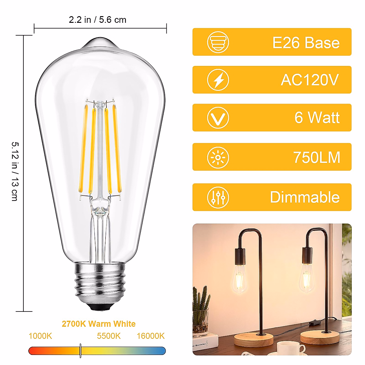 Svater 4-Pack Vintage LED Edison Bulbs 60W Equivalent, 6W ST58 2700K Warm White Antique LED Filament Bulbs, E26 Medium Base, Clear Glass Style for Home and Commercial, Dimmable