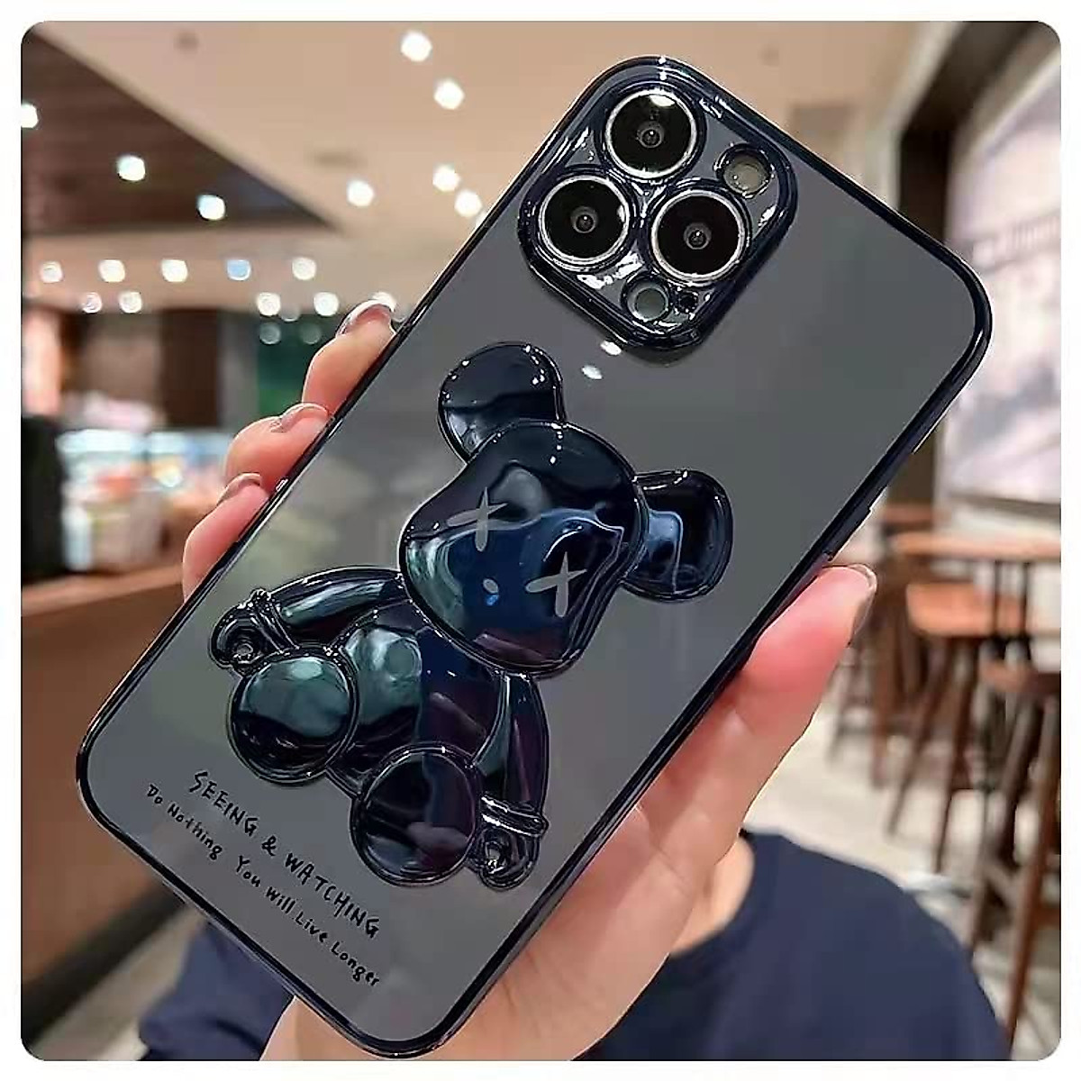 DURPECO 2 Pack Compatible with iPhone 14 Pro Max Case 3D Cartoon Plating Teddy Bear Case for Women Girls Camera Lens Cover Soft TPU Shockproof Protective Phone Case 6.7 Inch - Black&White