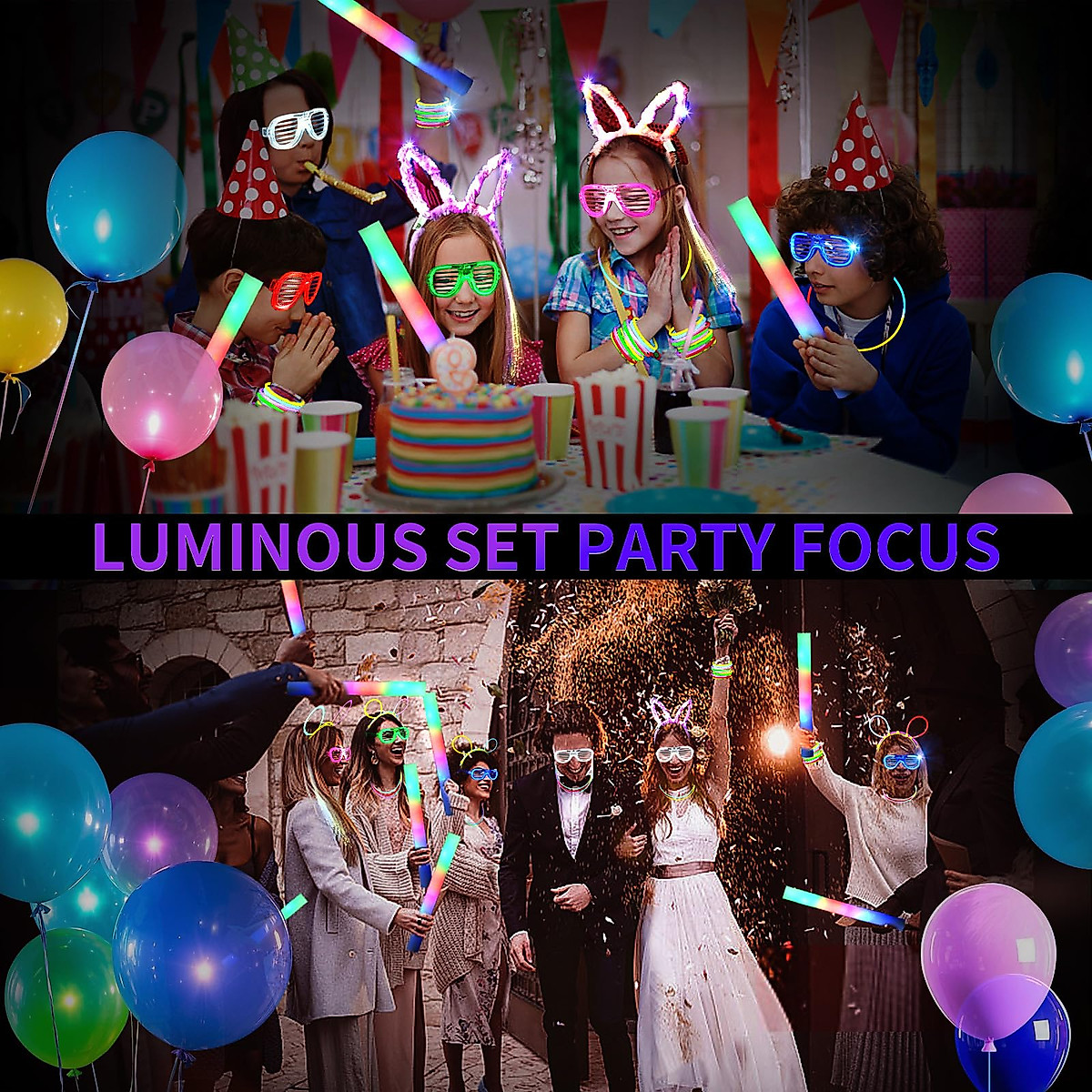 373 Pcs Glow in the dark party supplies For Adults Kids Glow Sticks neon party decorations with 10 LED Glasses 10 LED Cat & Rabbit Ear Headband 30 LED Bracelets & finger lights for Christmas Halloween