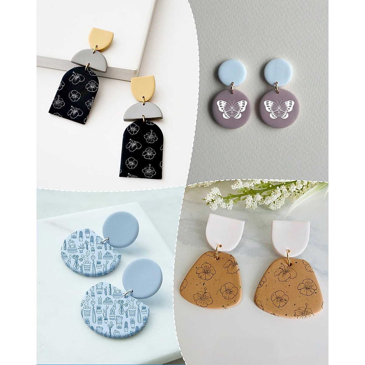 Puocaon Butterfly Clay Silk Screen - 6 Pcs Reusable Cactus Silk Screen Stencils for Polymer Clay Earrings Making, Boho Leaves Hibiscus Syriacus Flower Silk Screen Stencils for Polymer Clay Jewelry