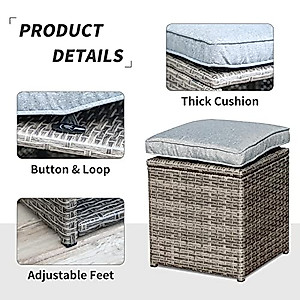 Verano Garden Patio Storage Ottomans, All Weather Wicker Ottoman Set with Removable Cushions, Outdoor Footstool footrest seat for Backyard, Garden, Poolside, Set of 2 (Grey)