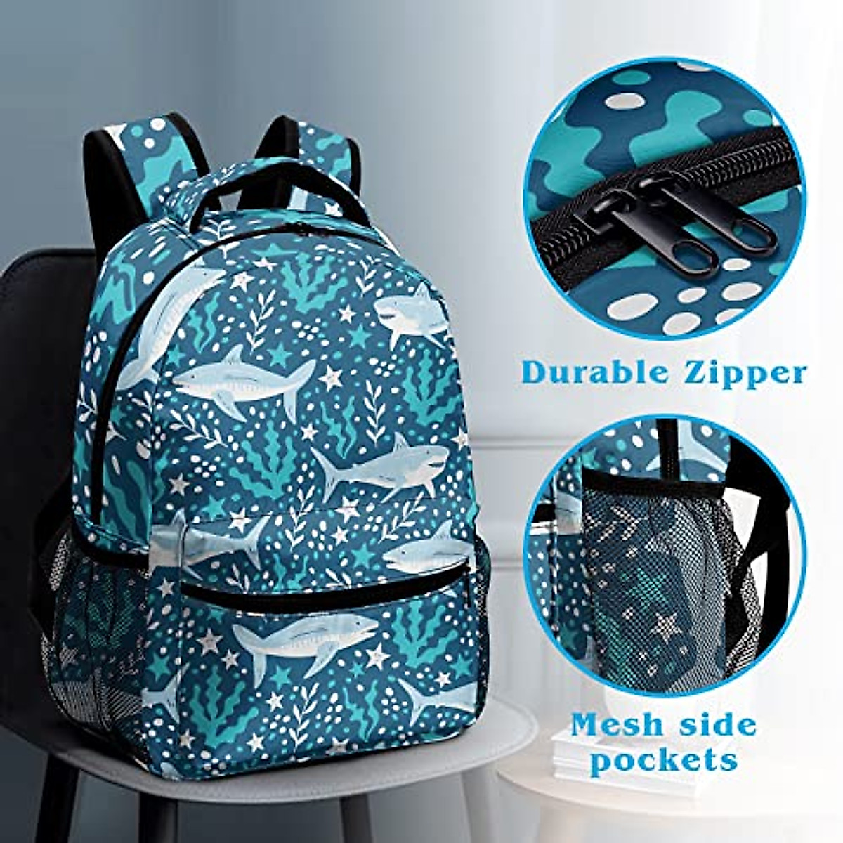 Dacawin Green Shark Kids Backpack for Boys Ocean Themed Backpacks Blue Lightweight Elementary Bookbags Durable Kindergarten School Bag for Student Girls Teens