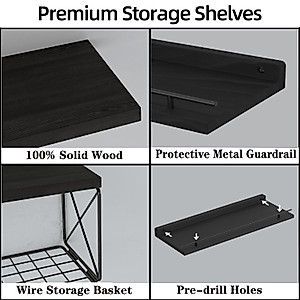 Hoiicco Bathroom Shelves with Metal Guardrail, Wood Floating Shelves Over Toilet with Wire Storage Basket, Floating Wall Shelves for Bedroom, Living Room, Kitchen and Bathroom-Black