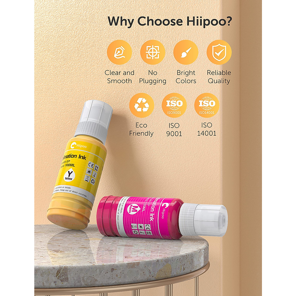 Hiipoo 600ML Sublimation Ink for EcoTank ET-8500 ET-8550 Wide-Format Supertank Printers Heat Press Transfer on T-Shirt Tumblers (6 Color, 1PK,1BK,1C,1M, 1Y, 1GY)