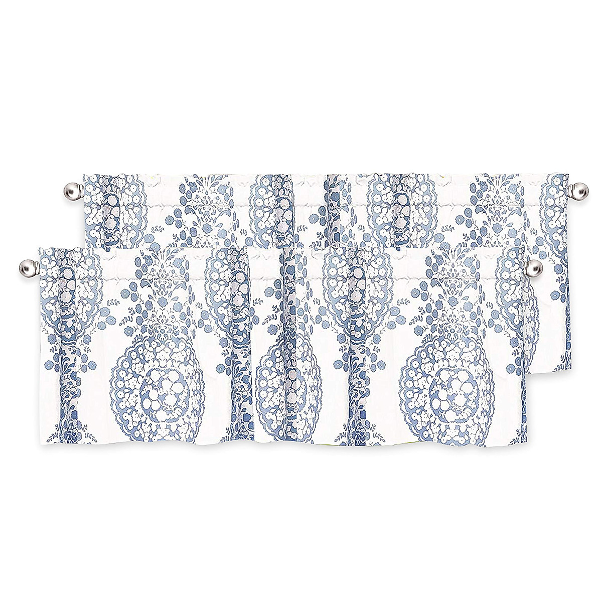 DriftAway Damask Curtains Valances for Windows 2 Pack Farmhouse Style Floral Medallion Patterned Samantha Valance for Living Room Bedroom 52 Inch by 18 Inch Plus 2 Inch Header Dusty Blue