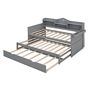 Flieks Wooden Daybed, Twin XL Bed Frame with 2 Twin Trundles, Storage Shelf, and USB Charging Ports, Wood Slat Support, No Box Spring Needed, Easy Assembly, Grey