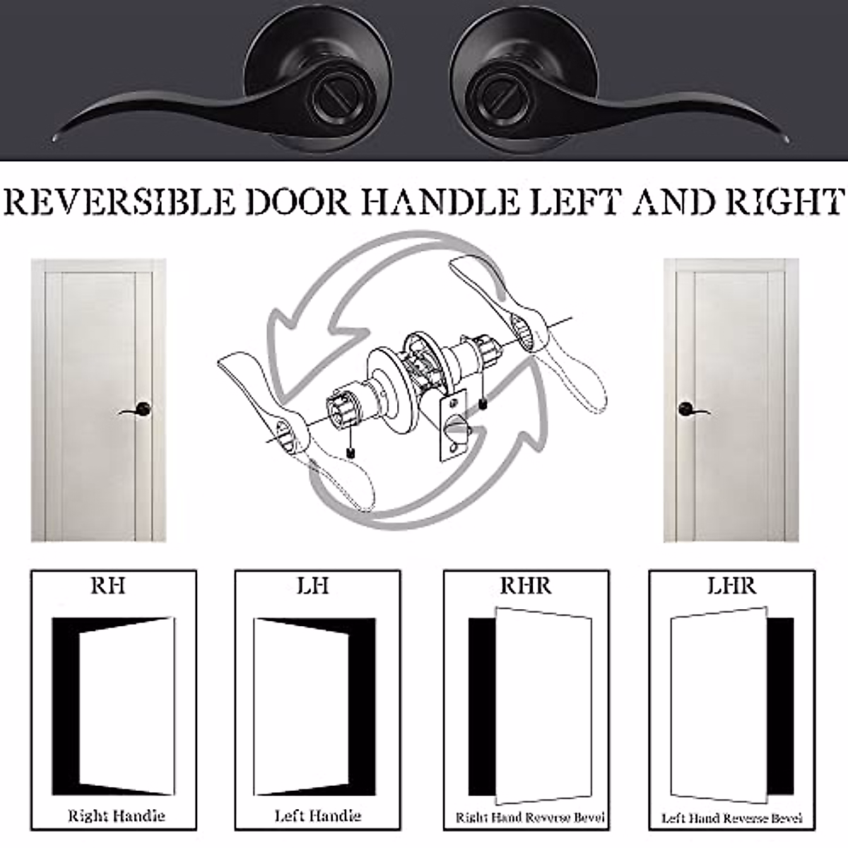 MONKEMON 4 Pack Black Door Handle Wave Style Privacy Door Lever for Bedroom & Bathroom, Interior Door Handle with Lock Keyless, Reversible Handles Set for Left & Right Door