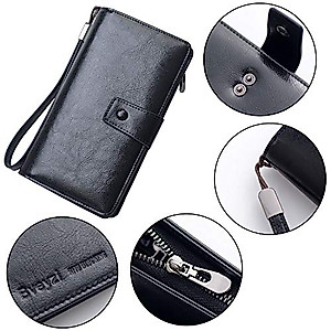 Womens Large Capacity Wristlet Wallets, 23 Credit Card Slots RFID Blocking Leather Clutch Wallets with zipper (Black)