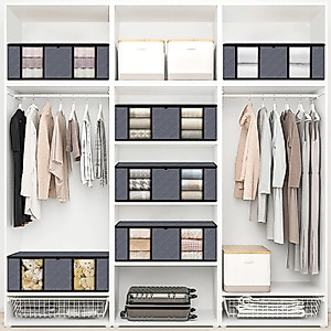 HomeHacks Storage Clothing Storage Bags, Storage Box Clothes Organizer with Clear Windows, Sturdy Handles Clothing Storage for Cloth, Toy, Bedding Storage, 6-Pack, Grey