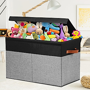 Large Toy Storage Box with Lid, Sturdy Toys Storage Chest Bin Organizer Basket with Dividers for Kids, Boys, Girls, Nursery, Closet, Bedroom, Playroom 25&quot;x13&quot; x16&quot; (Black and Grey)