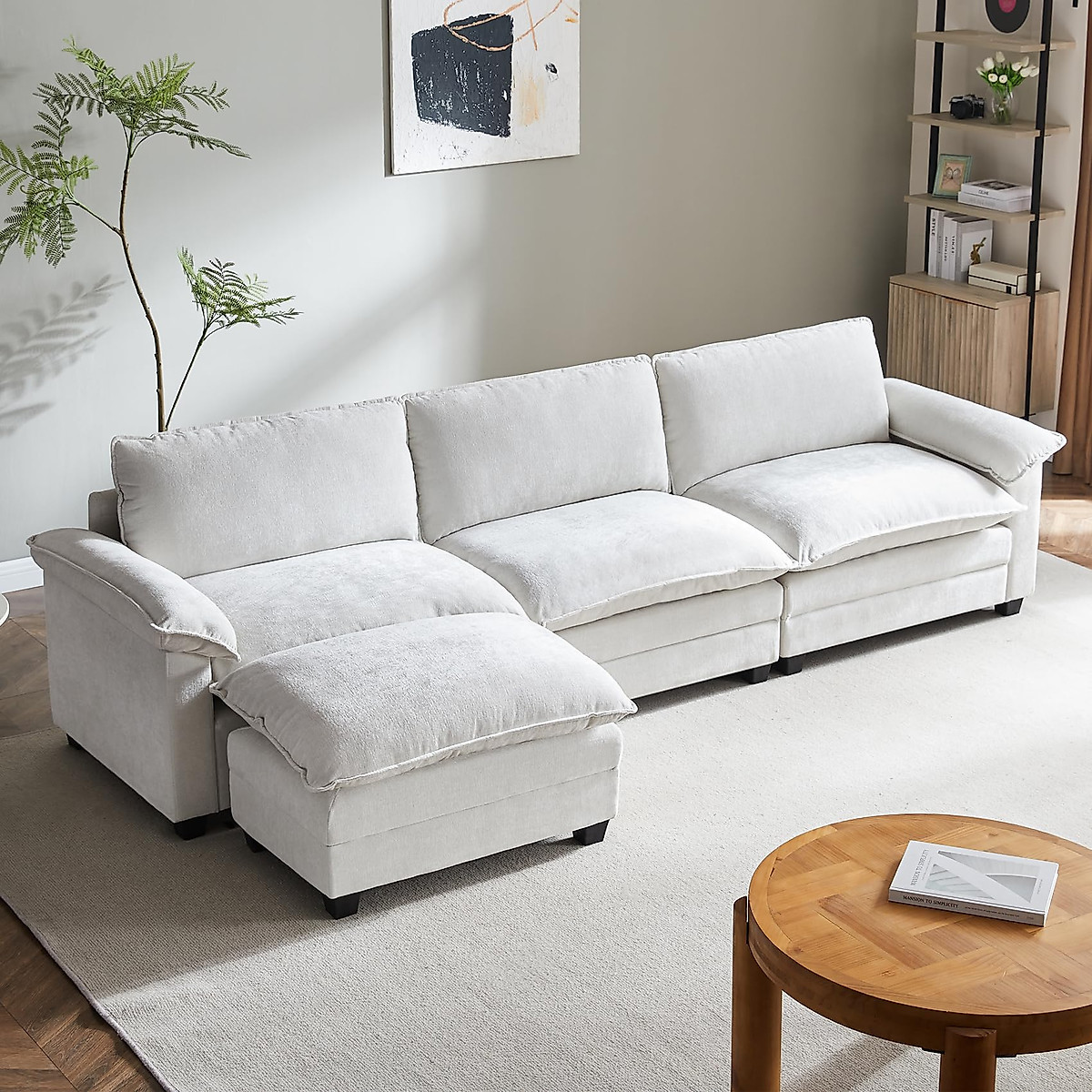 mestyl Comfy Modular Sectional Couch with Ottoman, 120" L Shaped 3 Deep Seat Fluffy Cloud Sofa, Modern Sleeper Sofas Soft Couches Set for Living Room, Apartment, Office, Studio, Chenille, Beige White