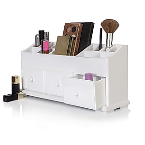 Makeup Organizer with Drawers, Wooden Cosmetic Beauty Storage Box for Home and Office Vanities, Countertop Organizer for Cosmetics and Makeup Tools, Vanity Holder for Lipstick Brushes Lotions, White